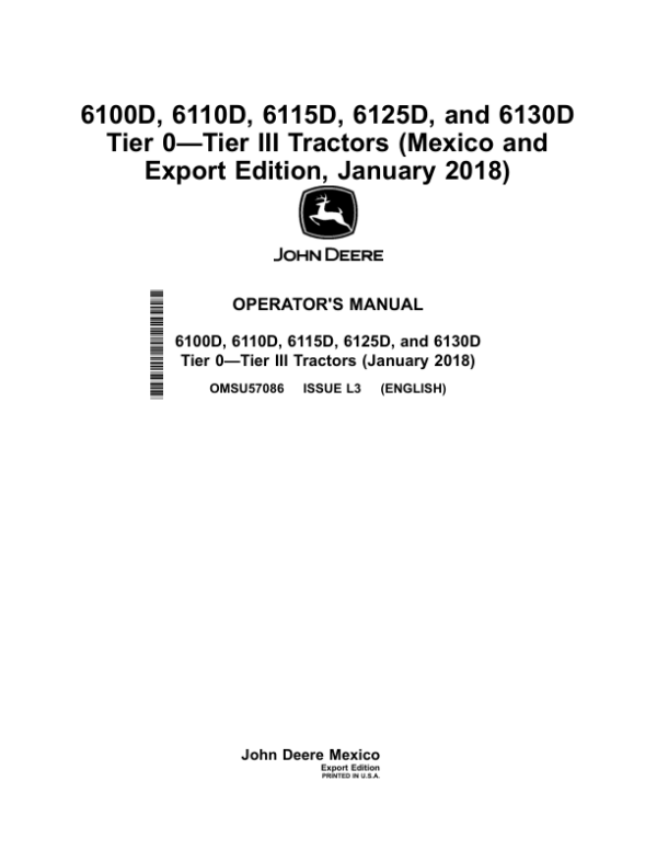 John Deere 6100D, 6130D Series Tier 0 & Tier III Tractors Operator’s ...